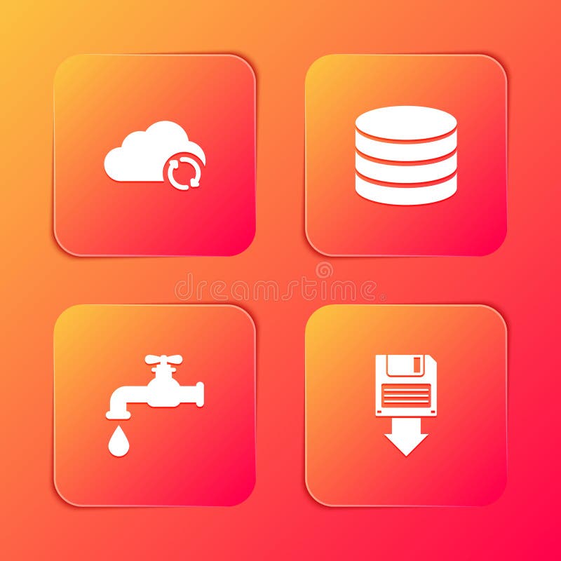 Set Cloud Sync Refresh, Database, Water Tap and Floppy Disk Backup Icon ...