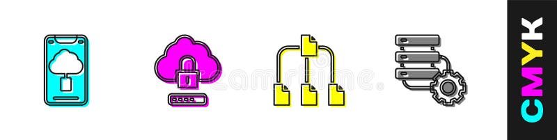 Set Cloud Technology Data Transfer, Computing Lock, Folder Tree and Server and Gear Icon. Vector ...