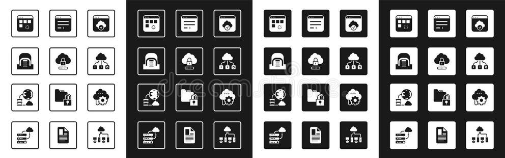 Set Cloud Technology Data Transfer, Computing Lock, Hangar with Servers, Loading Window, Browser ...