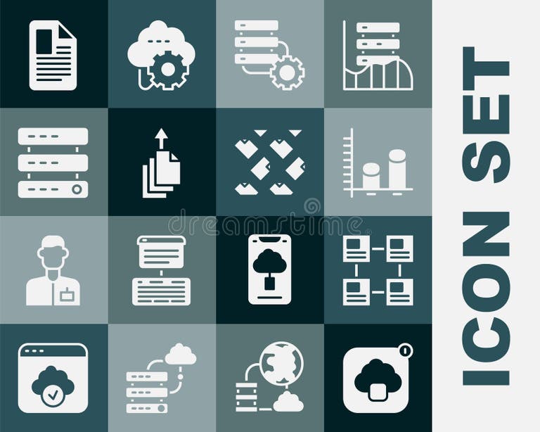 Set Cloud Technology Data Transfer, Hierarchy Organogram Chart, Data Analysis, Server and Gear ...