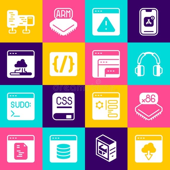 Set Cloud Technology Data Transfer, Processor with Microcircuits CPU, Headphones, Browser ...