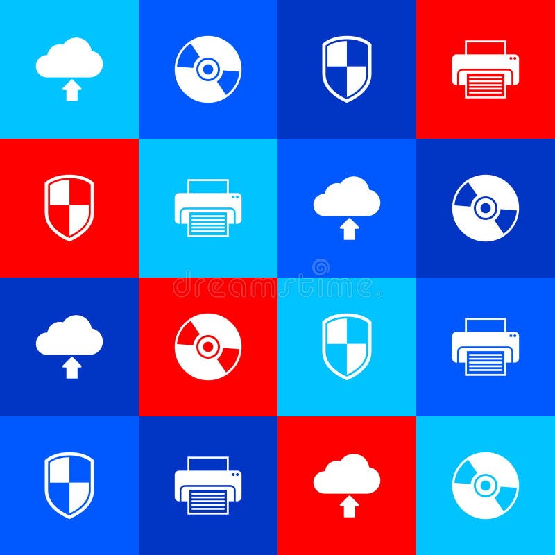 Set Cloud Upload, CD or DVD Disk, Shield and Printer Icon. Vector Stock ...