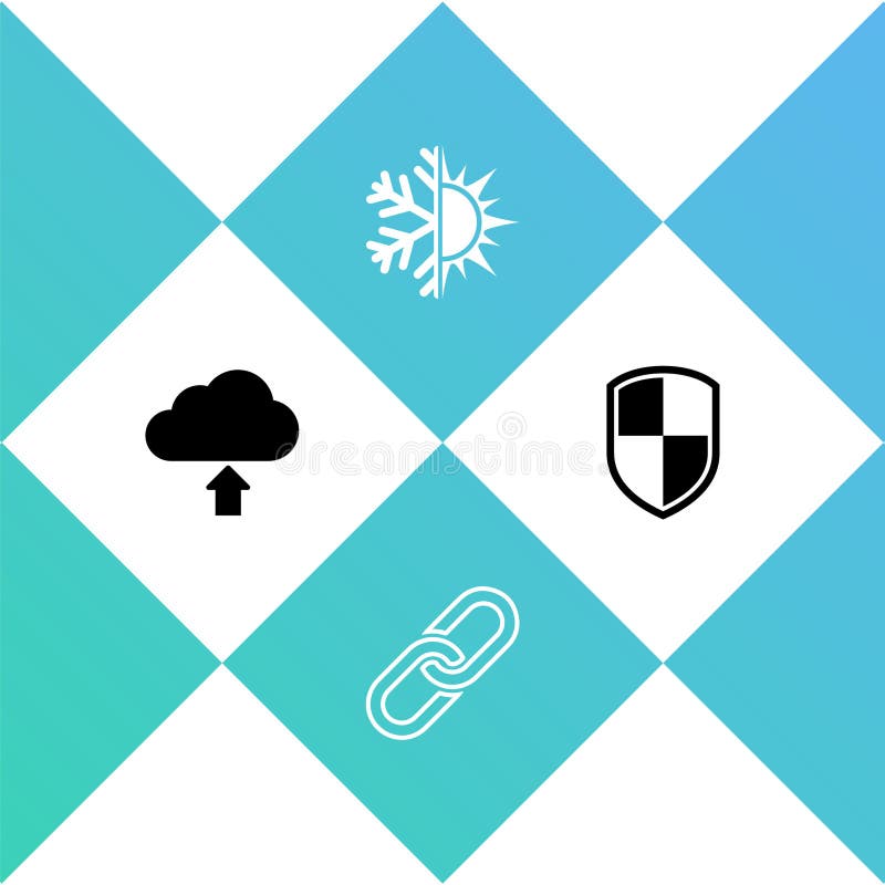 Set Cloud Upload, Chain Link, Sun and Snowflake and Shield Icon. Vector ...