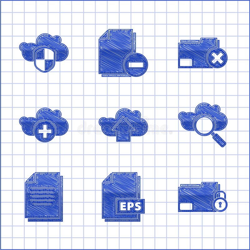 Set Cloud Upload, EPS File Document, Folder and Lock, Search Cloud Computing, Document, Add ...