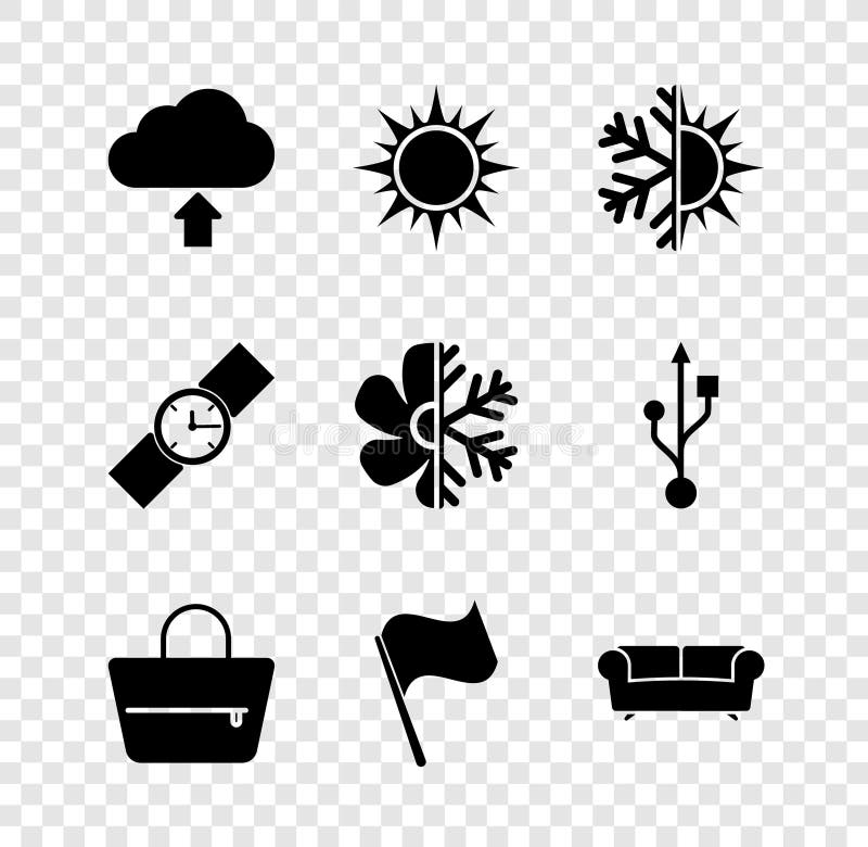 Set Cloud Upload, Sun, and Snowflake, Handbag, Flag and Sofa Icon ...