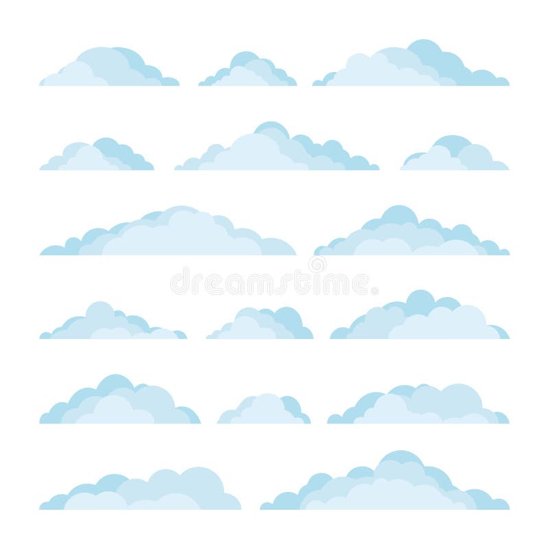 Set of Clouds. 16 Blue Clouds with a Flat Bottom. Collection for Design in Cartoon Style Stock ...