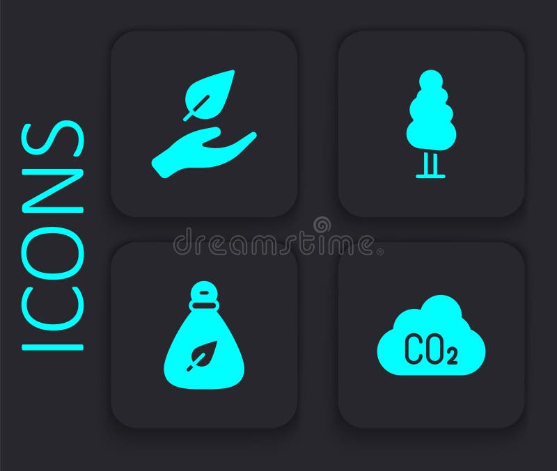 Set CO2 Emissions in Cloud, Leaf Hand, Tree and Garbage Bag Icon. Black ...
