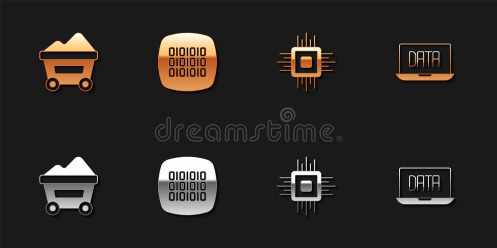 Set Coal Mine Trolley, Binary Code, Processor CPU and Data Analysis Icon. Vector Stock Vector ...