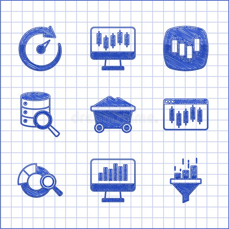 Set Coal Mine Trolley, Monitor with Graph Chart, Sales Funnel, Browser ... Set Coal Mine Trolley, Monitor with Graph Chart, Sales Funnel, Browser ...