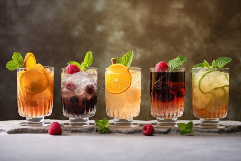 Set of Cocktail S on Table. Collection of Fresh Juice Alcoholic Drinks ...