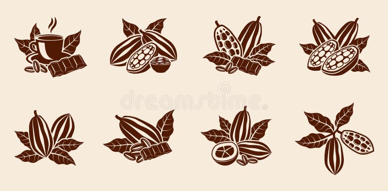 Set of Cocoa and Chocolate Logo, Design with Leaves in Vector Stock ...