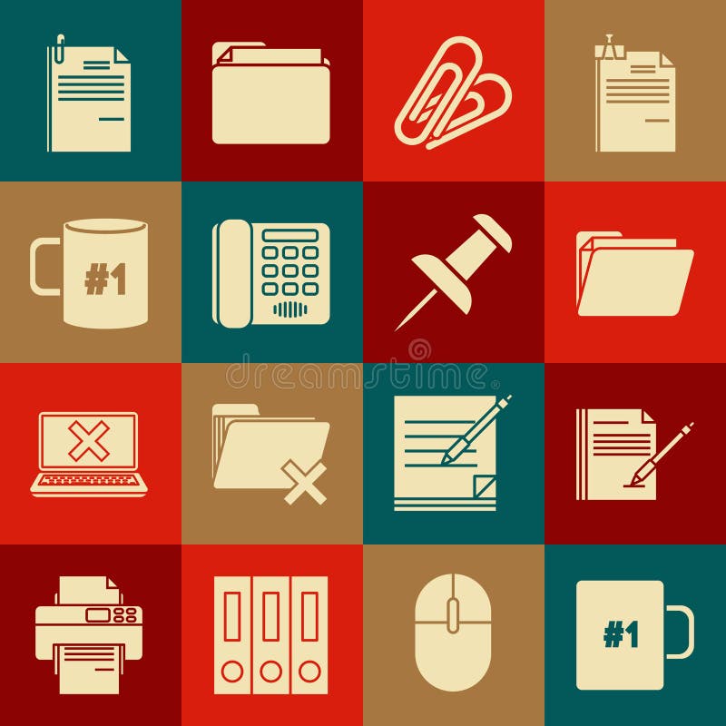 Set Coffee Cup, Blank Notebook and Pen, Document Folder, Paper Clip ...