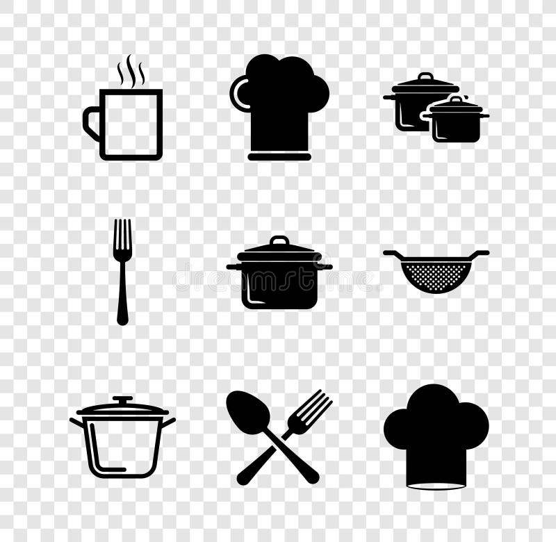 Set Coffee Cup, Chef Hat, Cooking Pot, Crossed Fork and Spoon, Fork and ...