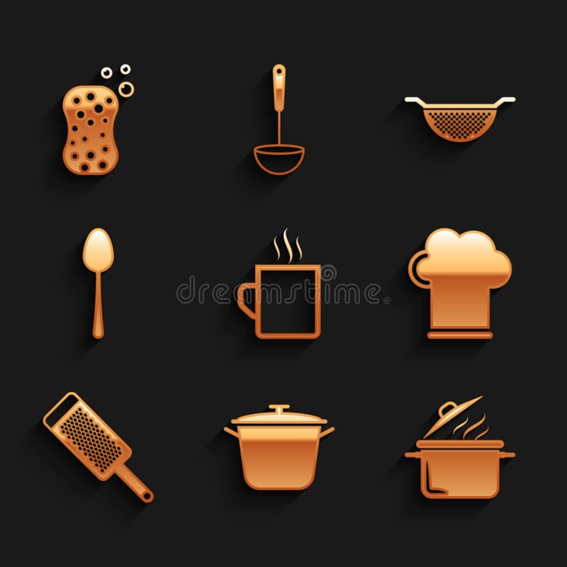 Set Coffee Cup, Cooking Pot, Chef Hat, Grater, Spoon, Kitchen Colander ...
