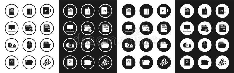 Set Coffee Cup, Folder Settings with Gears, Computer Monitor Keyboard ... Set Coffee Cup, Folder Settings with Gears, Computer Monitor Keyboard ...