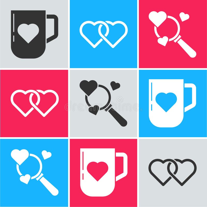 Set Coffee Cup and Heart, Two Linked Hearts and Search Heart and Love ...