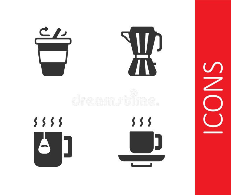 Set Coffee Cup, To Go, Cup Tea with Bag and Maker Moca Pot Icon. Vector ...
