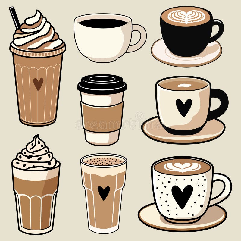 Set of Coffee Cups and Mugs in Cute Retro Style Stock Vector ...