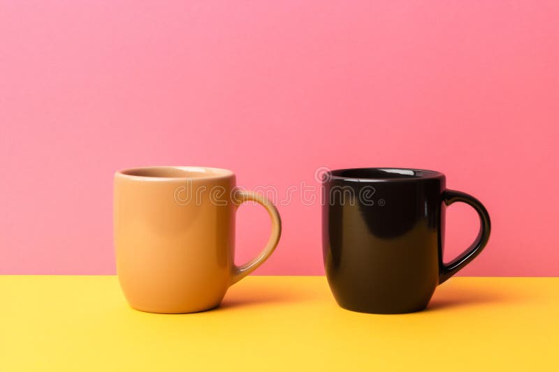 Set of Coffee Cups in Pink Yellow Pastel Color Table. Front View Stock ...