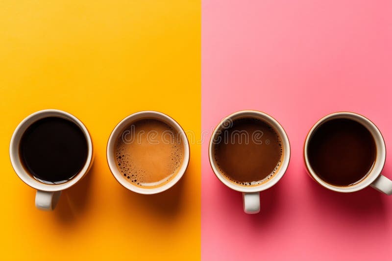 Set of Coffee Cups in Pink Yellow Pastel Color Table. Top View Stock ...