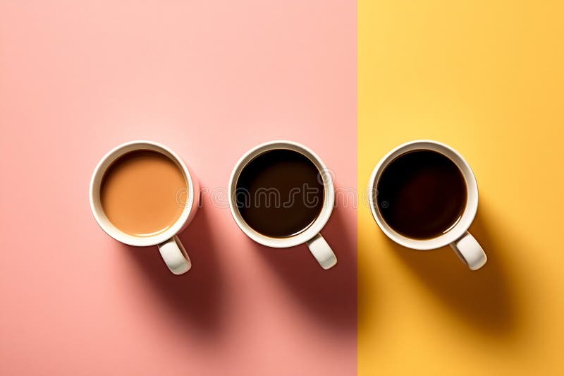 Set of Coffee Cups in Pink Yellow Pastel Color Table. Top View Stock ...