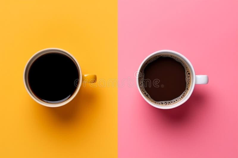 Set of Coffee Cups in Pink Yellow Pastel Color Table. Top View Stock ...