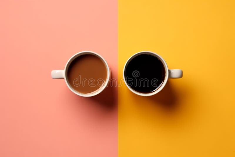 Set of Coffee Cups in Pink Yellow Pastel Color Table. Top View Stock ...