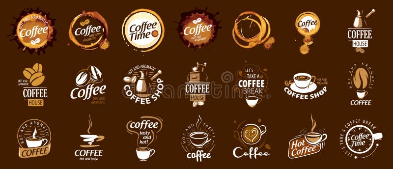 Set of Coffee Logos. Vector Illustration on Brown Background Stock ...