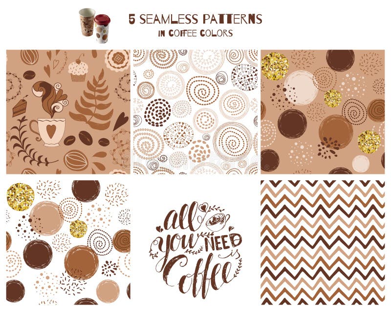 Set of Coffee Seamless Pattern Phrase All You Need is Coffee Hand Drawn ...