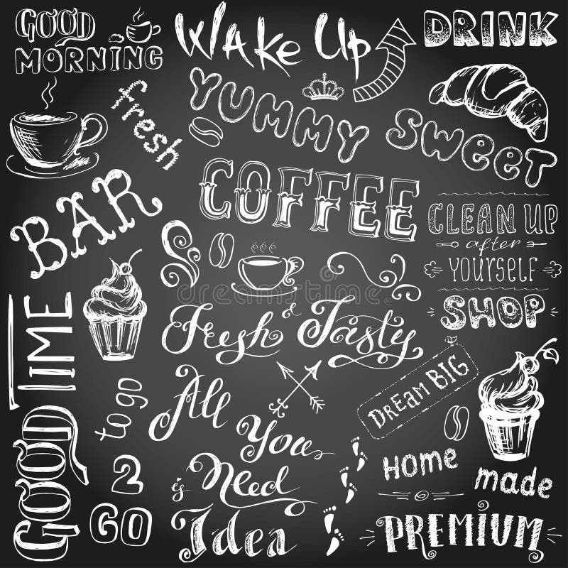 Set Coffee Sign and Letters,hand Drawn on Blackboard Stock Vector ...