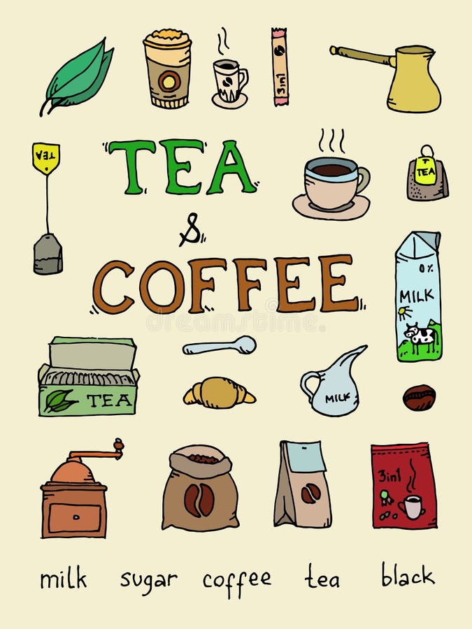 Tea and Coffee Time. Doodle Sketch Collection with Cups. Vector Set ...