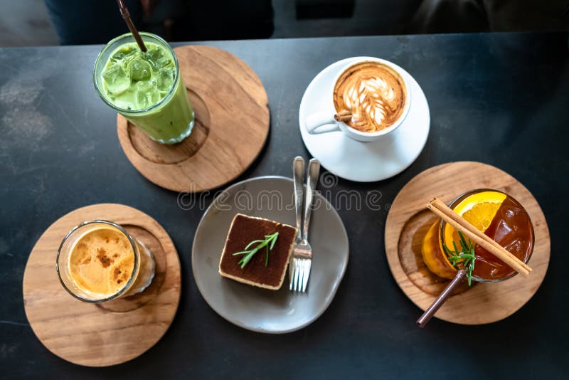 Set of Coffee and Tea Drinks on Table in Cafeteria. Stock Image - Image ...