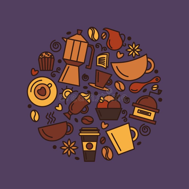 Set of Coffee Theme. Line Art Draw Icons in the Circle Stock Vector ...