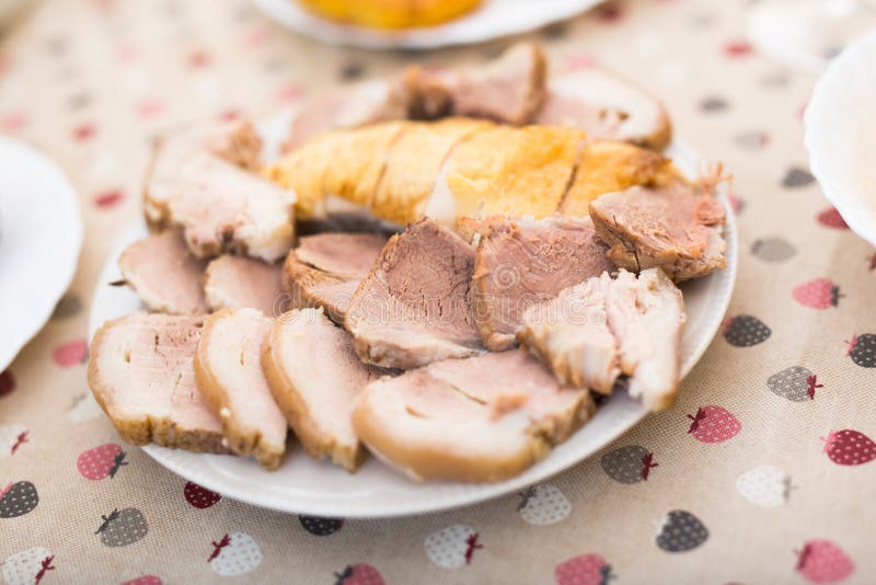 Set of Cold Cuts of Cooked Chicken and Pork Meat on Plate Stock Image ...