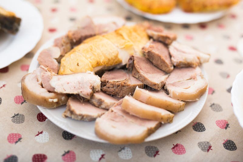 Set of Cold Cuts of Cooked Chicken and Pork Meat on Plate Stock Image ...