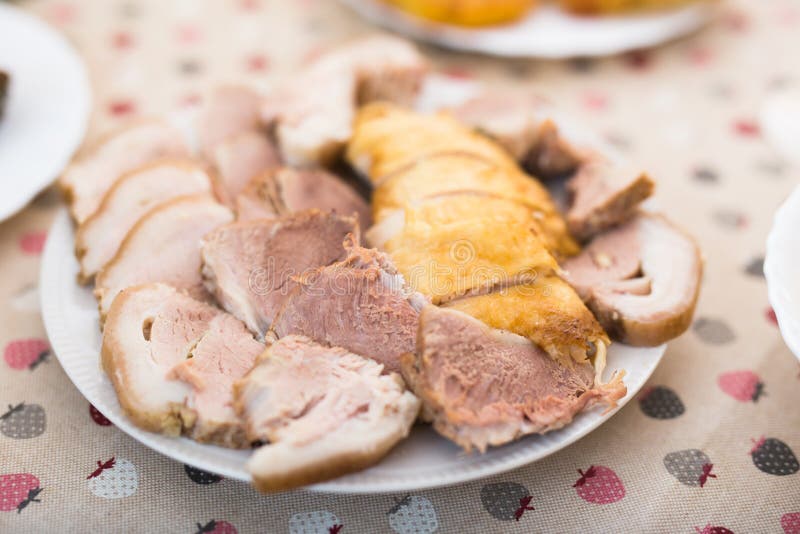 Set of Cold Cuts of Cooked Chicken and Pork Meat on Plate Stock Image ...