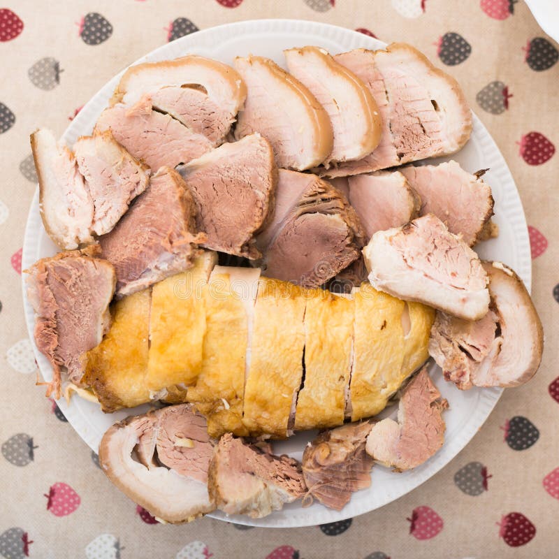 Set of Cold Cuts of Cooked Chicken and Pork Meat on Plate. Top View ...