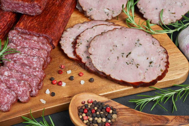 Set of Cold Cuts on a Wooden Board Stock Photo - Image of pork, kabanos ...