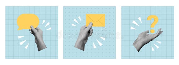 Set of Collage Designs with Hands Holding Yellow Question Mark, Speech ...