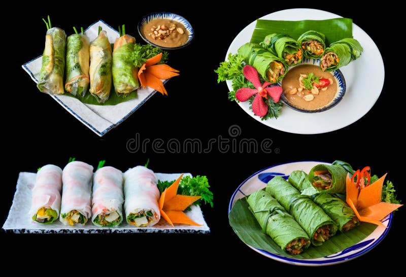 Set or Collage of Different Types of Vietnamese Spring Rolls on a Black ...
