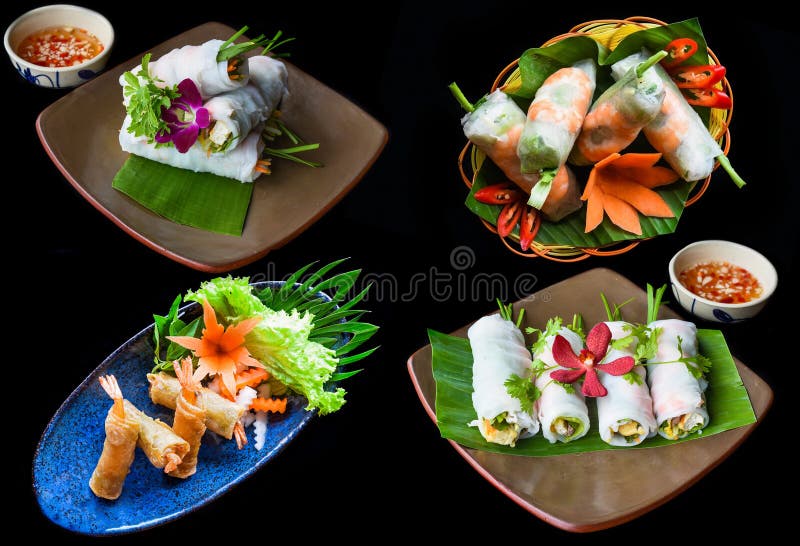 Set or Collage of Different Types of Vietnamese Spring Rolls on a Black ...