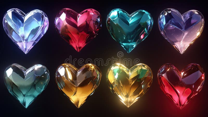 Set Collection of Beautiful Realistic Heart Shape Crystals Stock Photo ...
