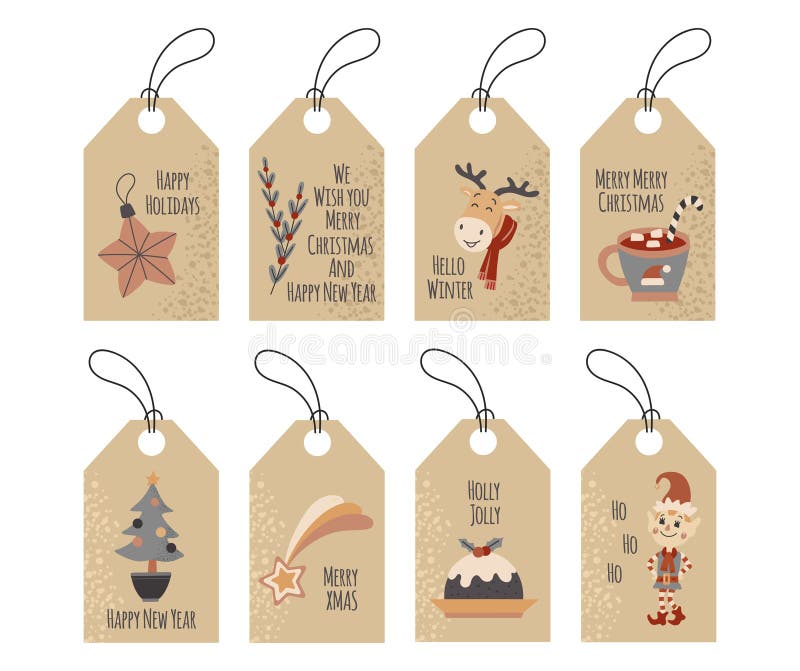 Set Collection of Christmas New Year Gift Tags Labels Christmas Tree ...