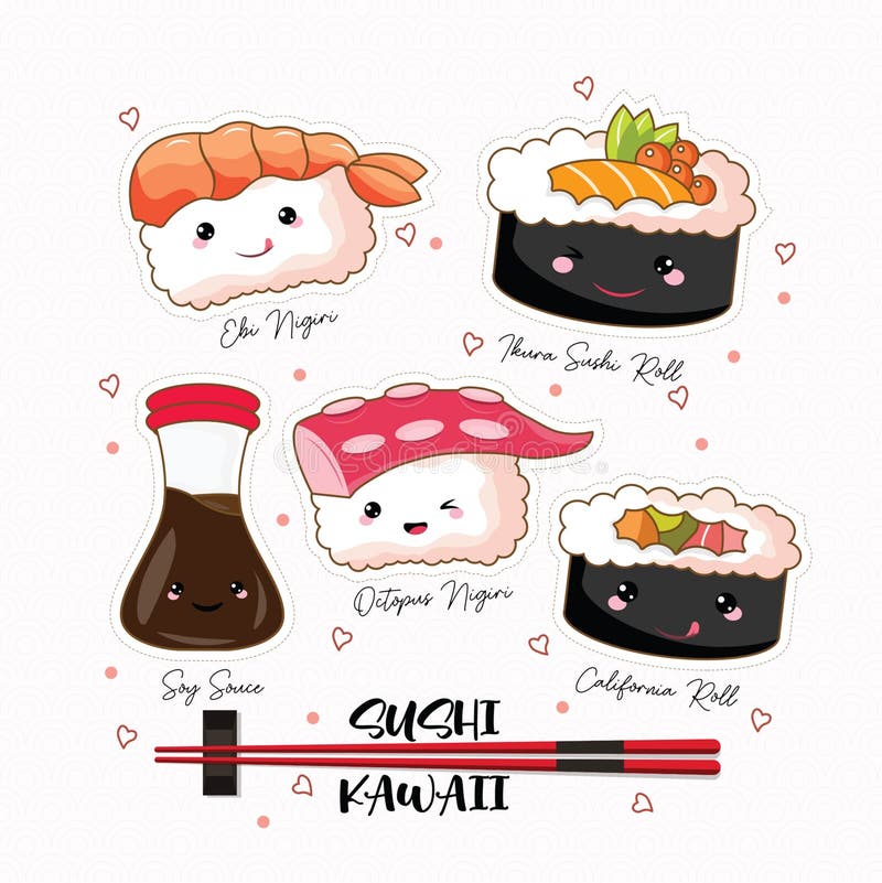 A Set Collection of Kawaii Sushi Stickers Stock Vector - Illustration ...