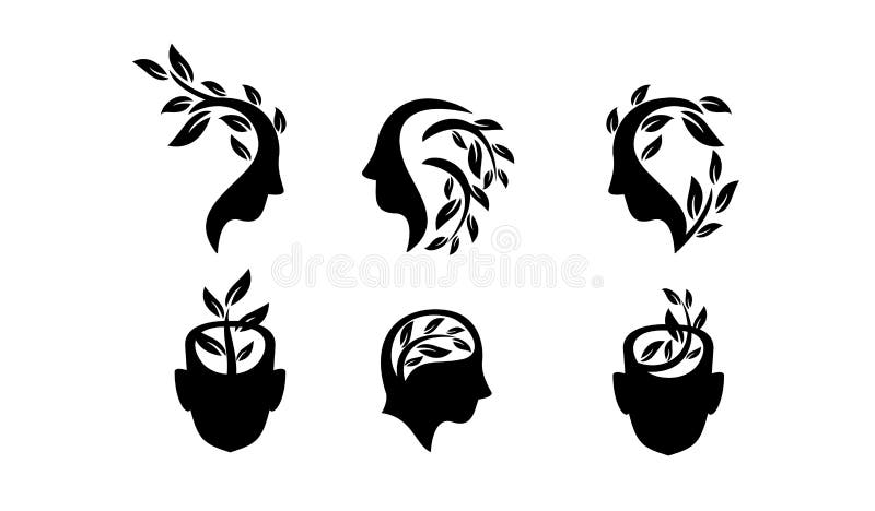 Set Collection Simple Abstract Head Face with Leaf Black Vector Logo ...