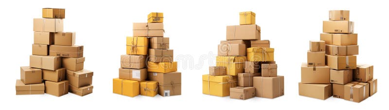 Set Collection of Stack of Cardboard Post Parcel Boxes Isolated White ...