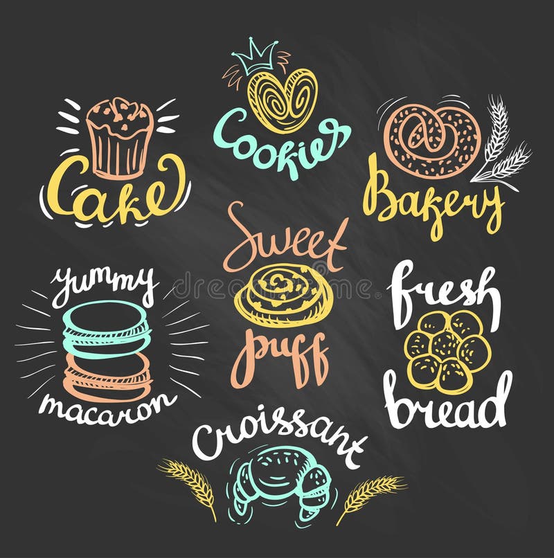 Set of Color Bakery Logos on the Chalkboard. Bakery Labels. Stock ...