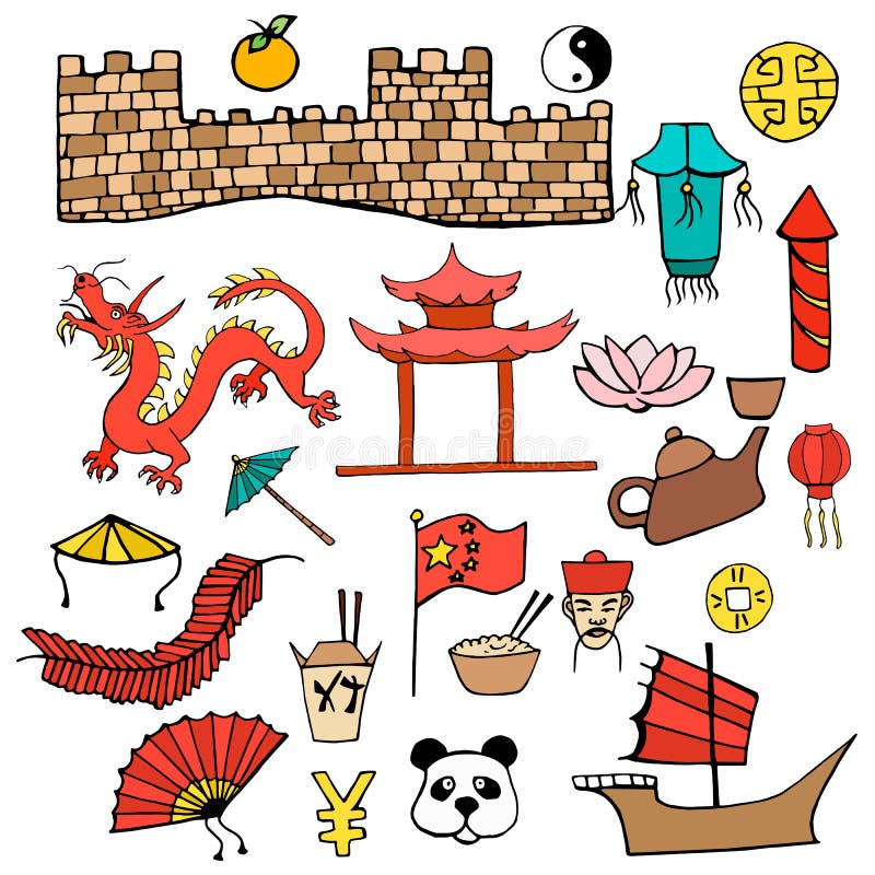 Set Color Chinese Characters Signs Hand Drawn Stock Vector ...