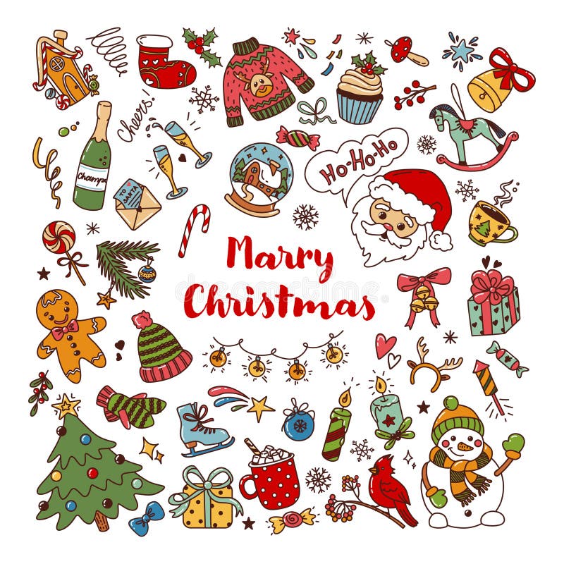 Set of Color Christmas Design Fun Doodle Elements. Vector Hand Drawn Stock Vector - Illustration ...