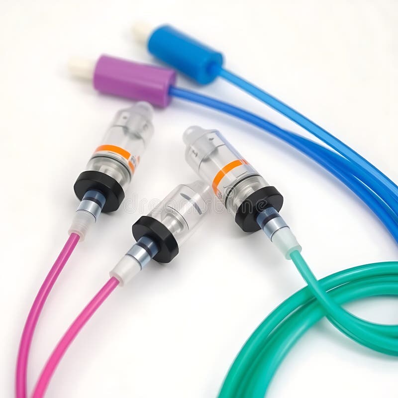 A Set of Color Coded IV Lines with Flow Regulators and Clamps on a ...